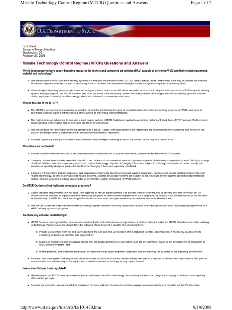 Missile Technology Control Regime (MTCR) Questions and Answers | PDF ...
