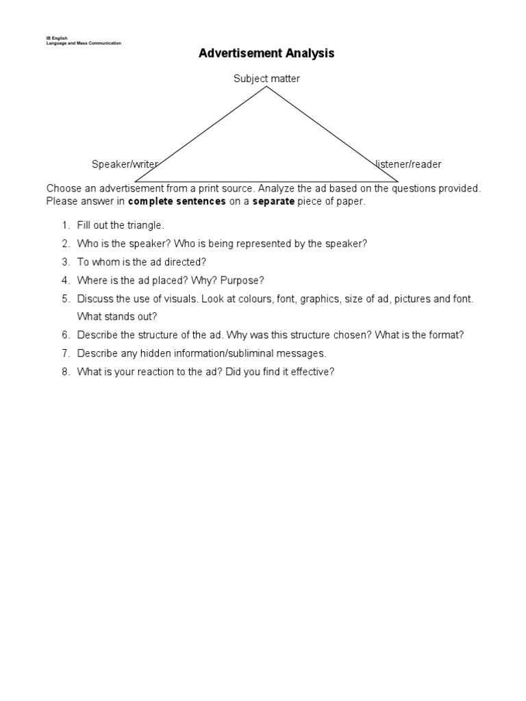 Advertisement Analysis: IB English Language and Mass Communication | PDF