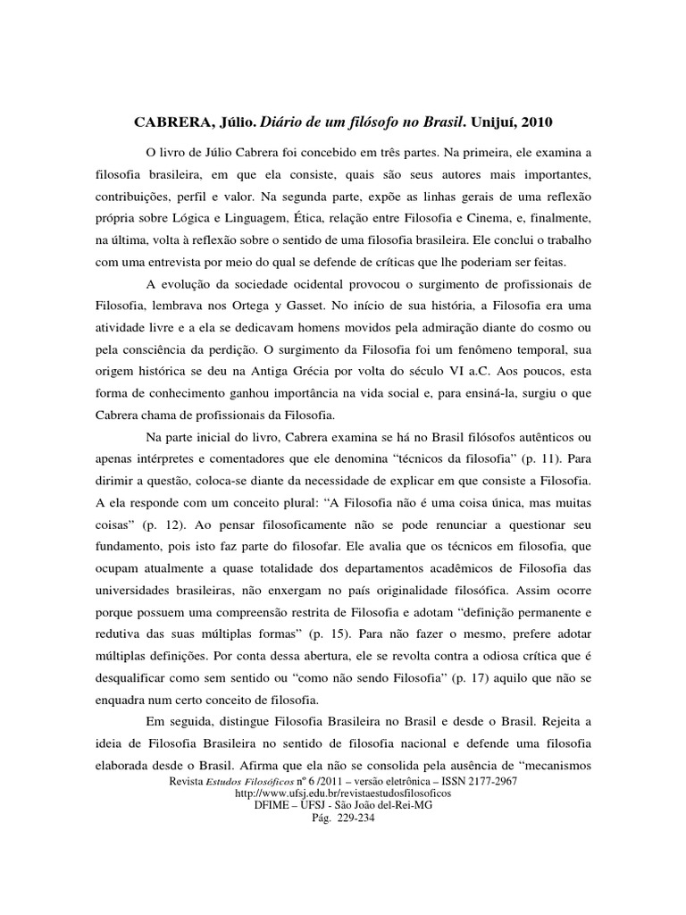 6.julio Cabrera o Diarios de Um Filosofo No BR | PDF | Pensamento | Lógica