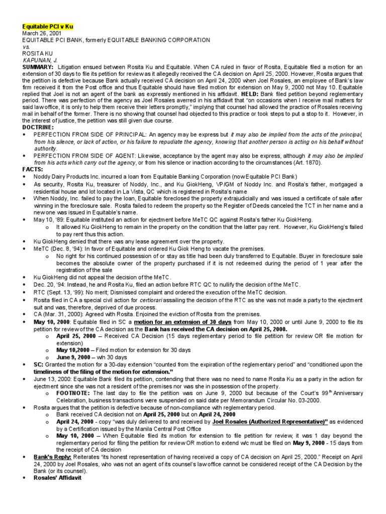 Equitable PCI-Bank v. Ku | PDF | Law Of Agency | Foreclosure
