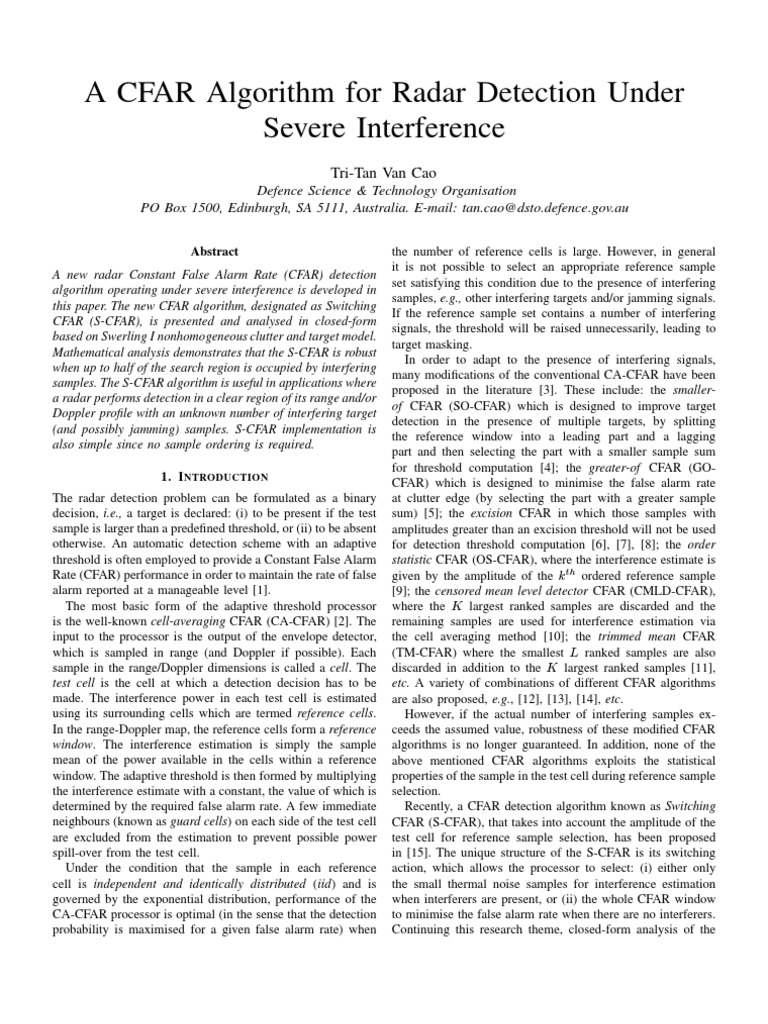 (S-CFAR) A CFAR Algorithm For Radar Detection Under Severe Interference | PDF | Radar | Algorithms
