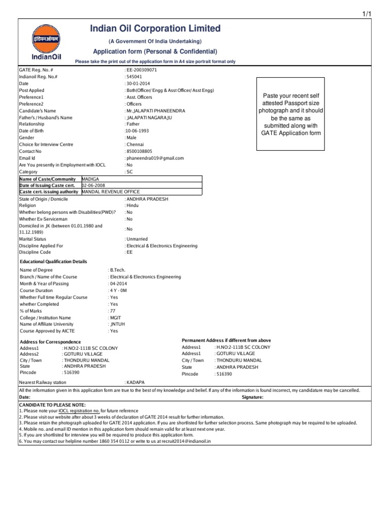 Indian Oil Corporation Limited: Application Form (Personal ...