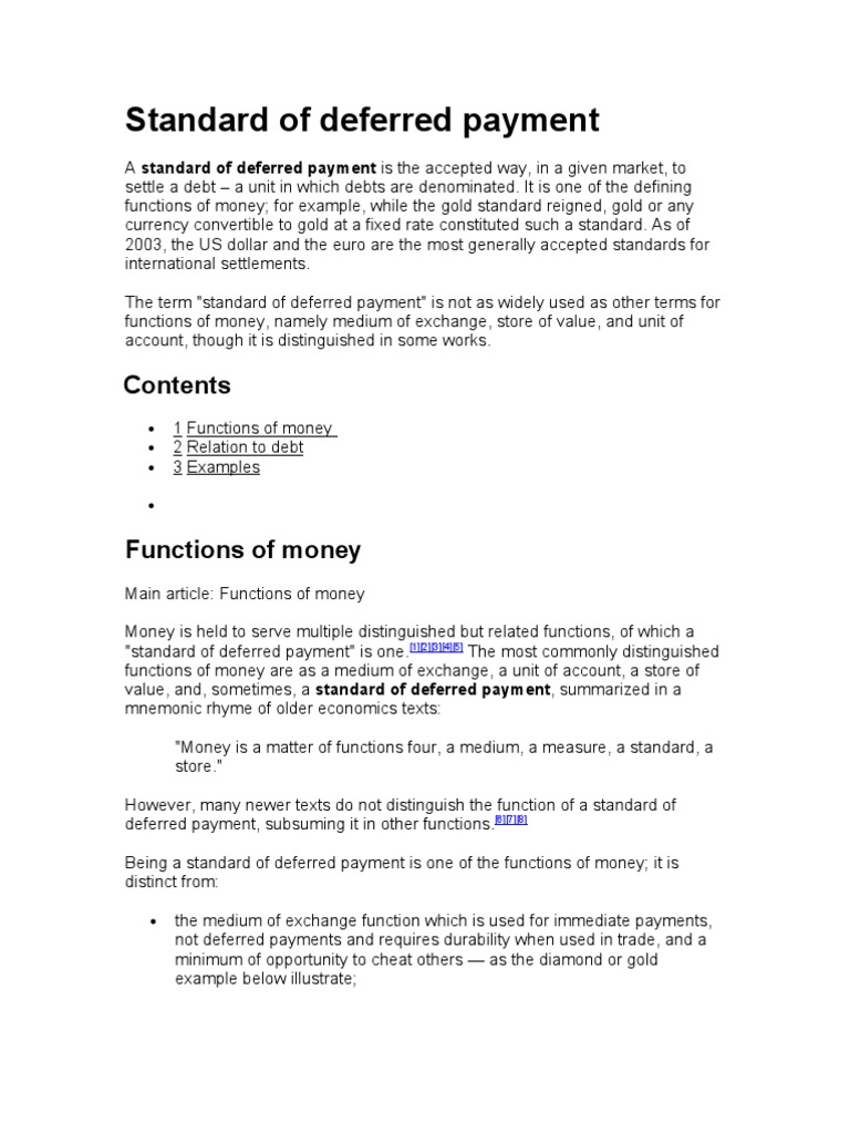 Standard Of Deferred Payment Money Banking