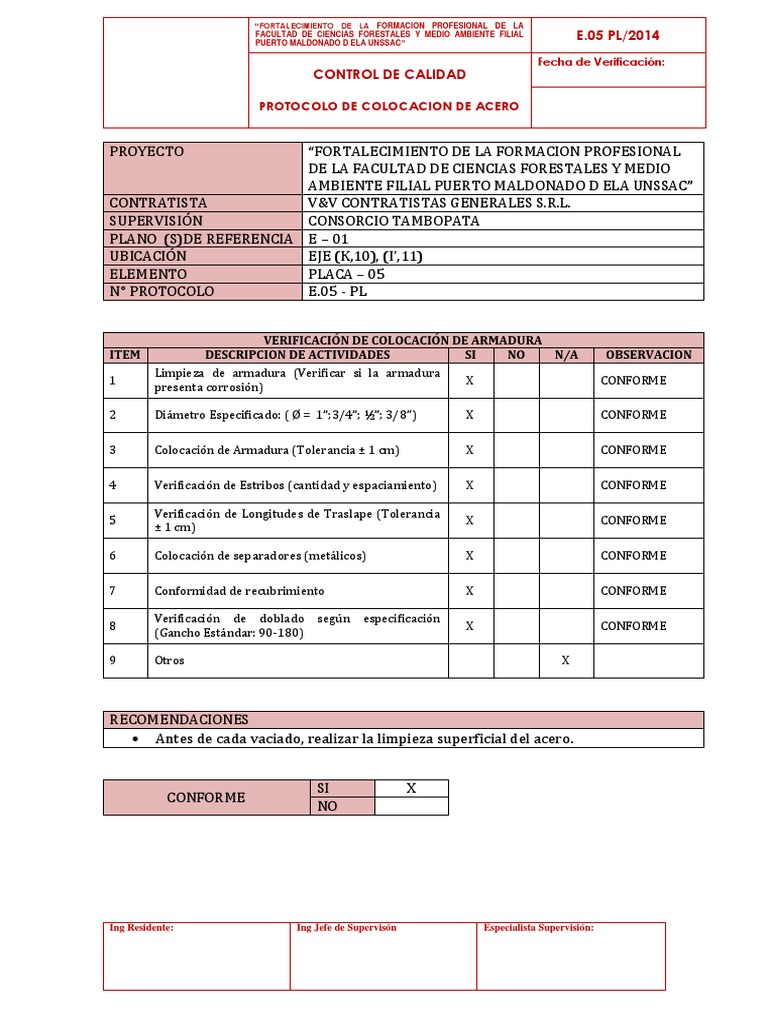 E.05 Protocolo de Acero P.05 | PDF | Diámetro | Acero