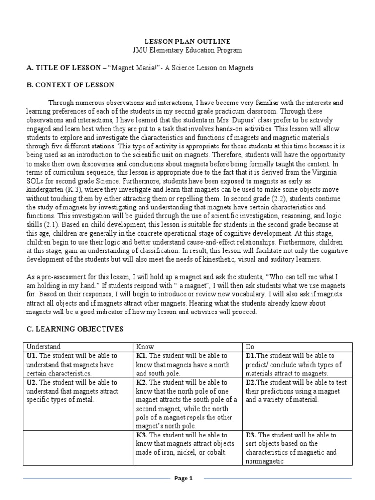 Magnets Final Lesson Plan | PDF | Magnetism | Magnet