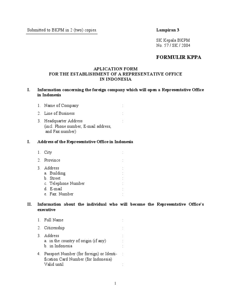 Form Kantor Perwakilan Penanaman Modal Asing (Kppa) | PDF | Official ...