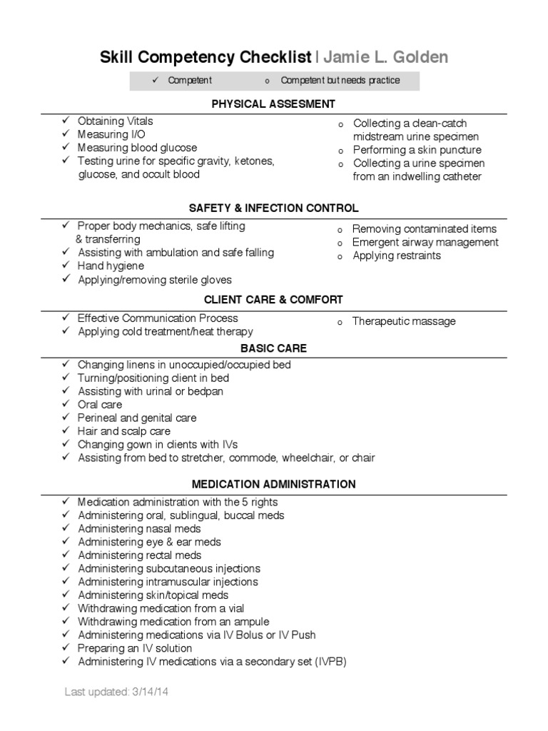Skill Competency Checklist | PDF | Intravenous Therapy | Injection ...