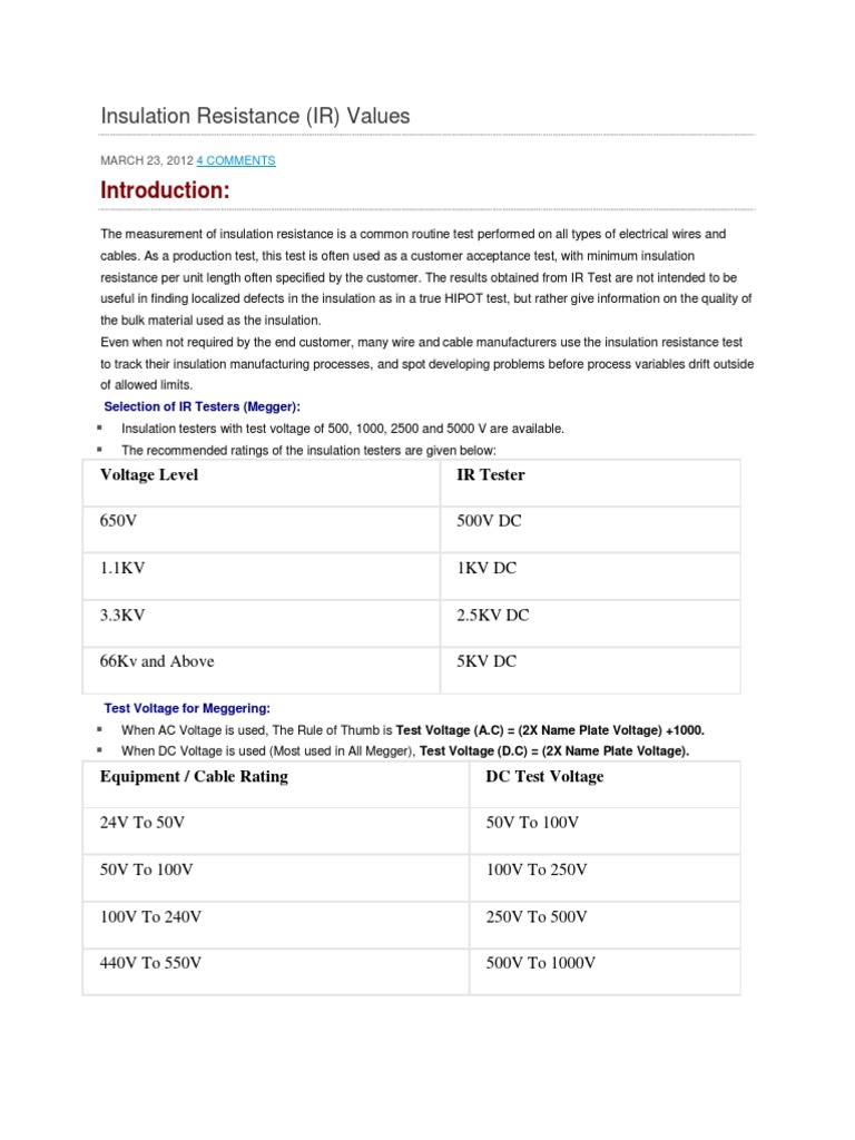 Insulation Resistance (IR) Values | PDF | Transformer | Insulator ...