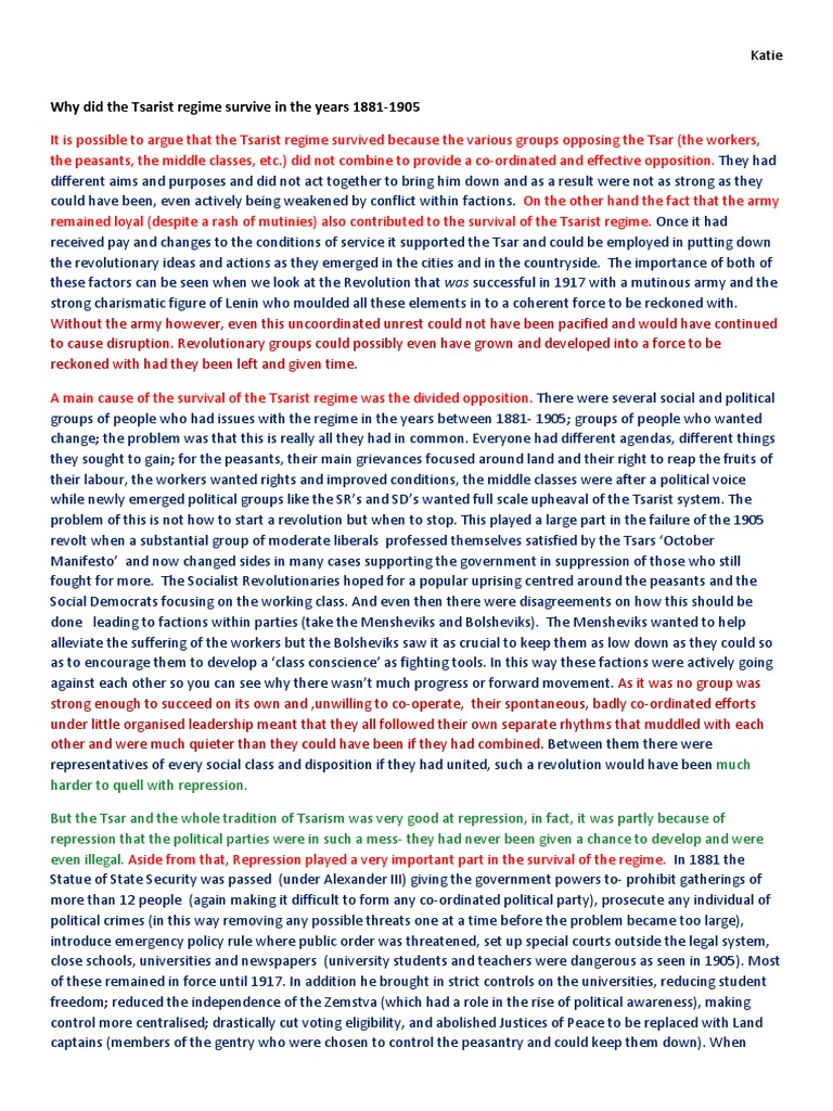Why Did The Tsarist Regime Survive in The Years 1881-1905 | PDF ...