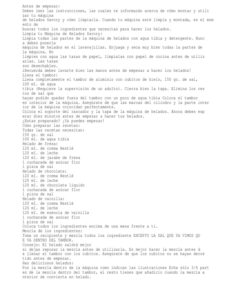 Instrucciones para Máquina de Helados Savory | PDF | Helado | Alimentos
