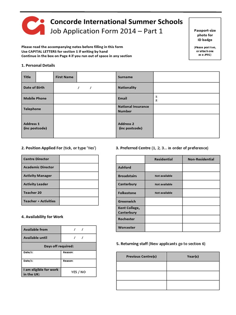 Job Application Form 2014 - Part 1: Concorde International Summer Schools | PDF | Government