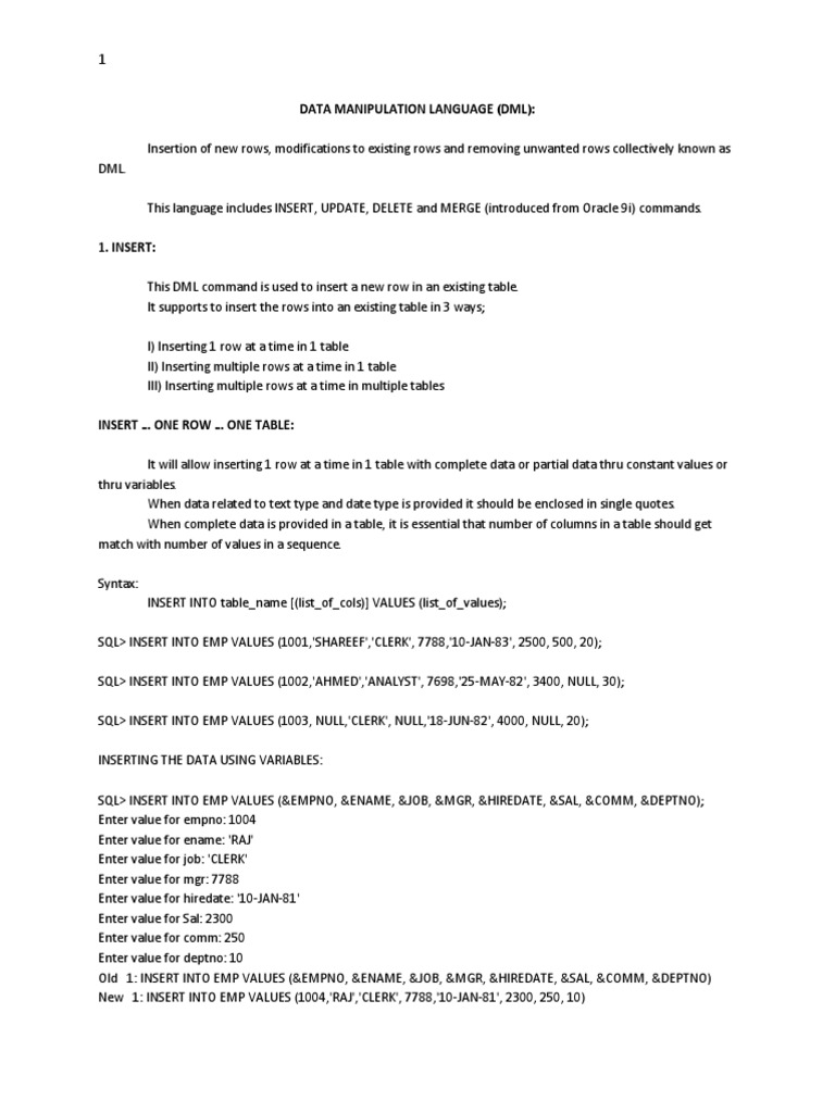 Data Manipulation Language (DML) | PDF | Table (Database) | Data