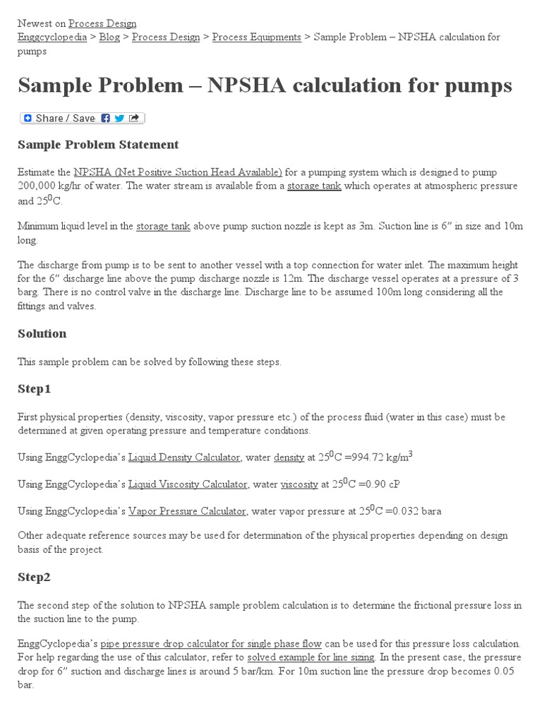 Sample Problem – NPSHA calculation for pumps _ | Pressure | Pump