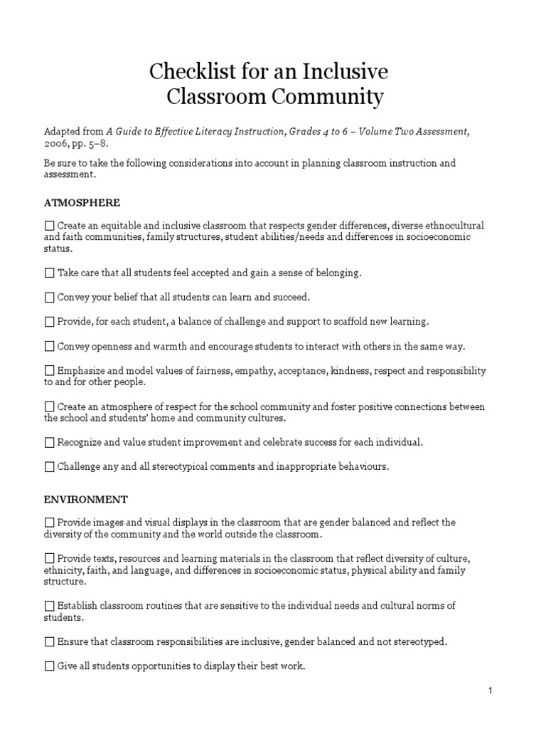 Inclusive Classroom Community Checklist | PDF | Cognition | Communication