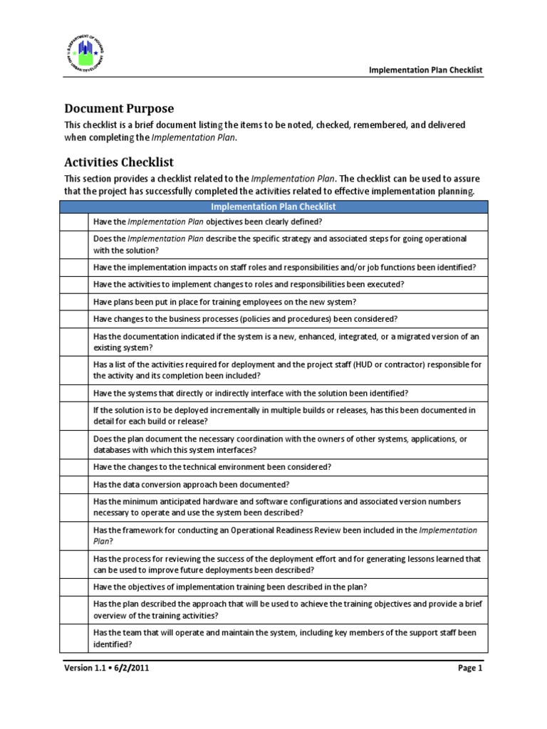 Document Purpose: Implementation Plan Checklist | Download Free PDF ...