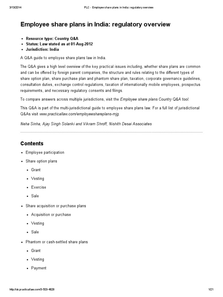 Employee Share Plans in India: Overview | PDF | Employee Stock ...