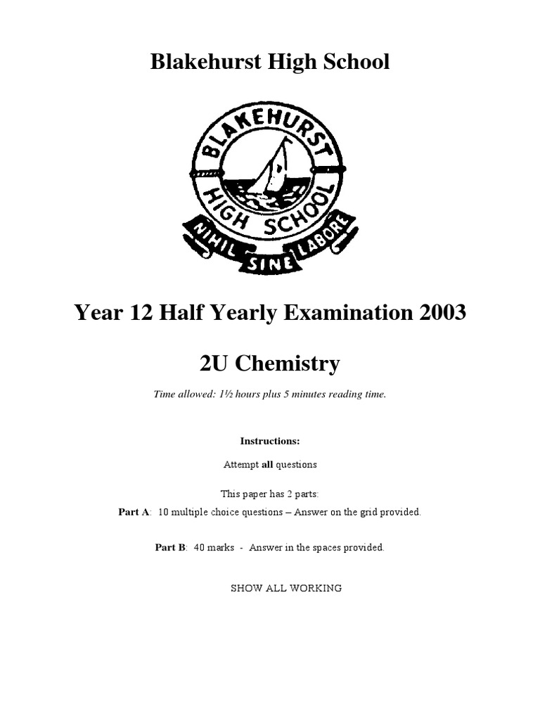 2003 Blakehurst High School Chemistry Half Yearly Exam | PDF | Acid | Ph
