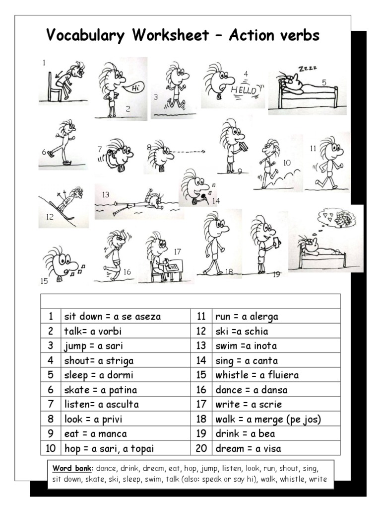 Vocabulary Worksheet - Action Verbs: Word Bank: Dance, Drink, Dream ...