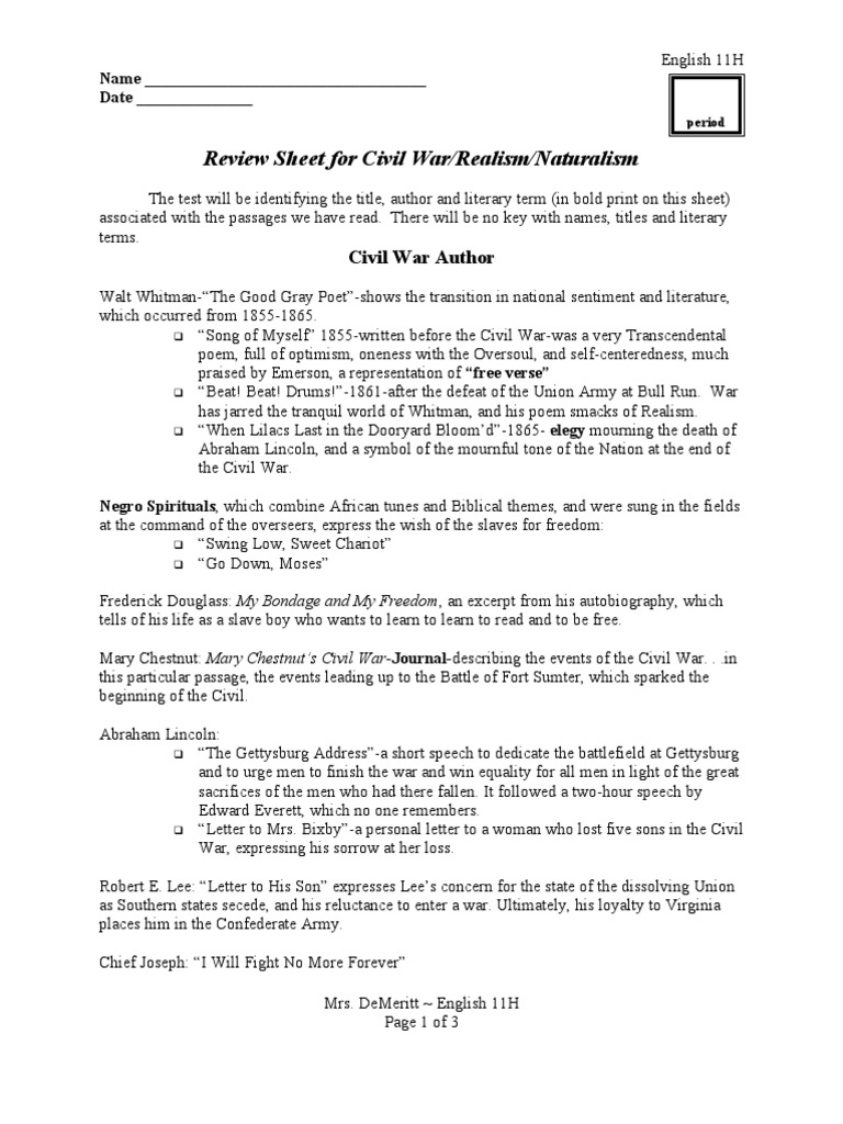 Civil War, Realism, and Naturalism Review | PDF | Unrest