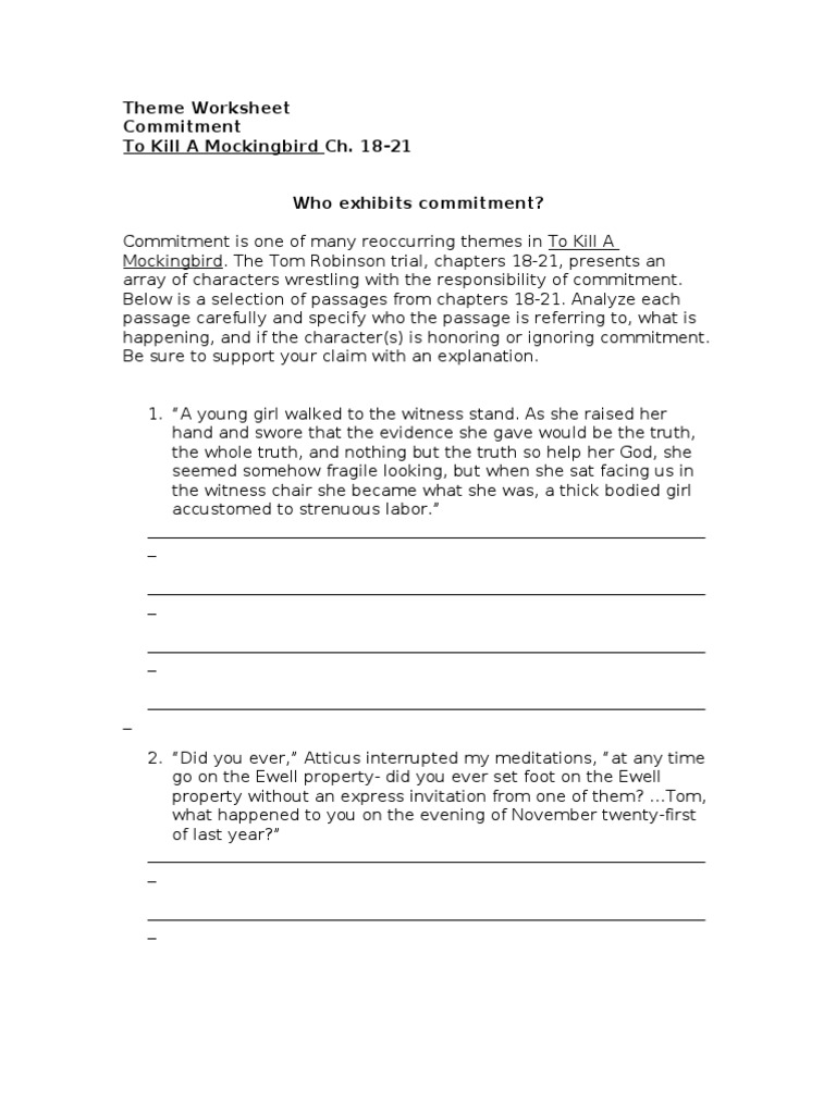 Theme Worksheet Commitment To Kill A Mockingbird Ch. 18-21 | PDF | To ...