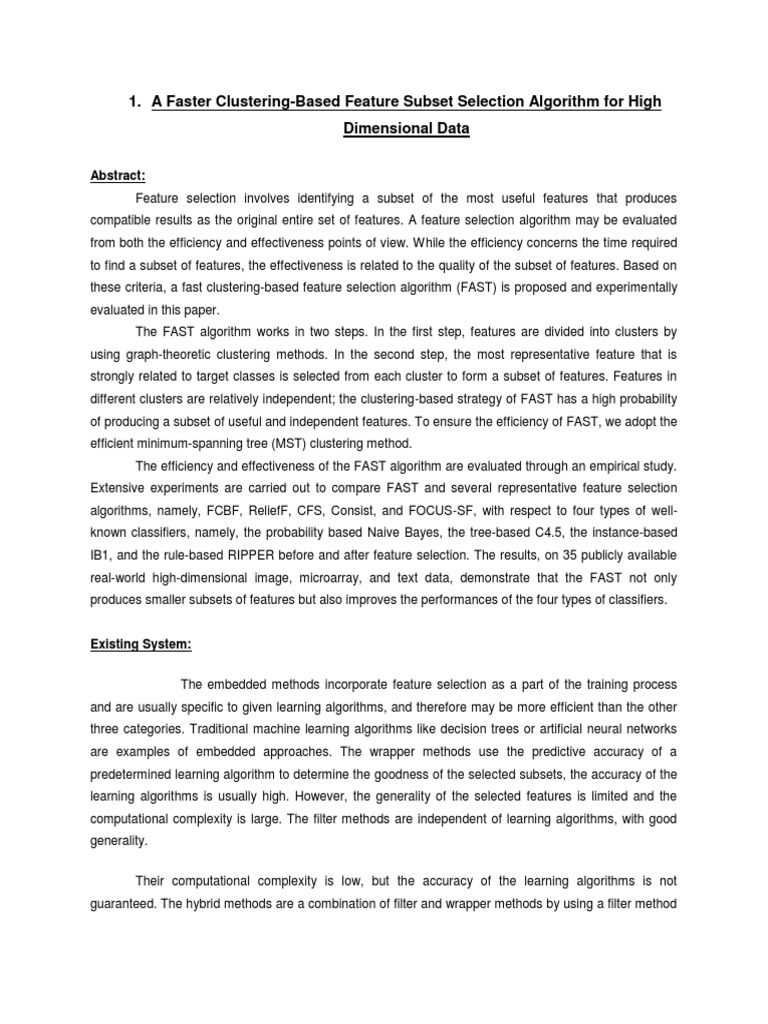1.a Faster Clustering-Based Feature Subset Selection Algorithm For High Dimensional Data | PDF ...