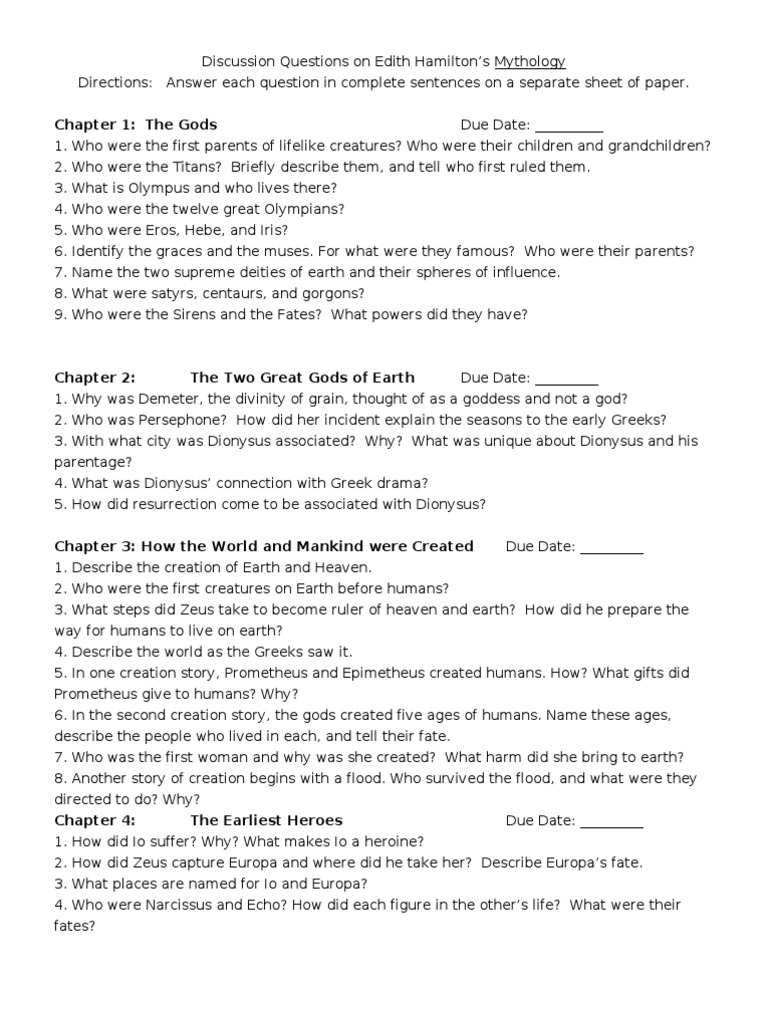 Discussion Questions On Edith Hamilton's Mythology Directions: Answer ...