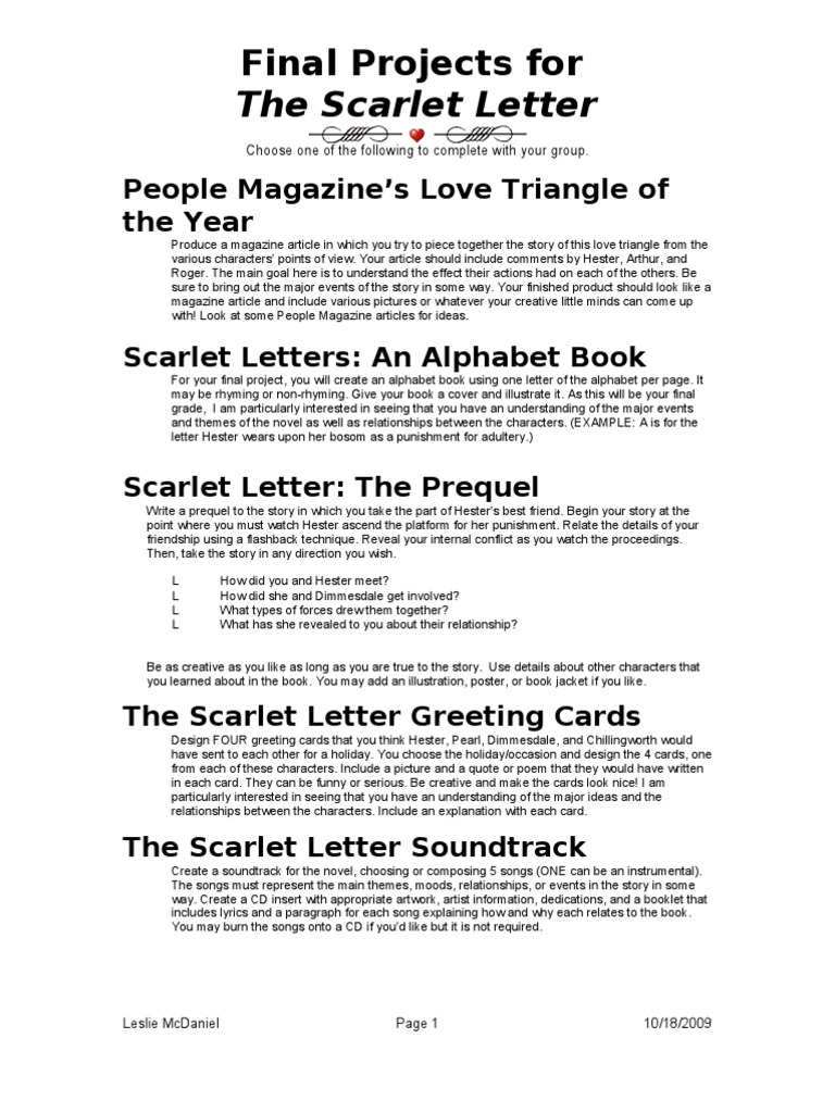 Final Projects For The Scarlet Letter | PDF | The Scarlet Letter