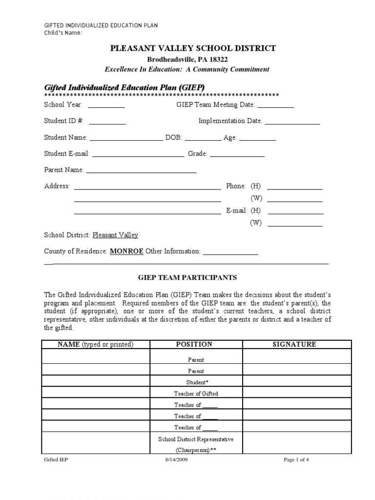 Gifted Individualized Education Plan (GIEP) | PDF | Individualized Education Program ...