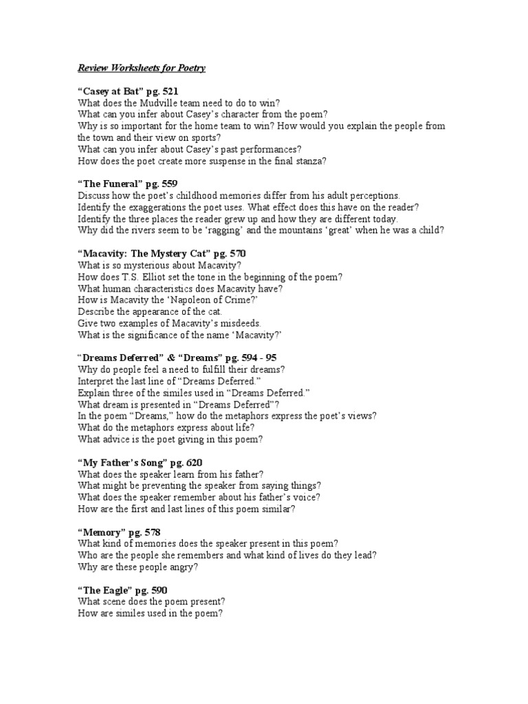 Review Worksheets For Poetry "Casey at Bat" Pg. 521 What | PDF