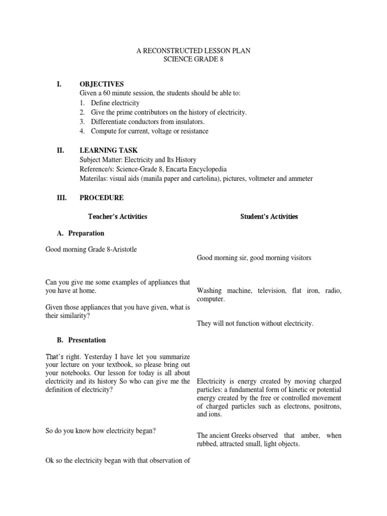 A Reconstructed Lesson Plan | PDF | Electric Charge | Electric Current