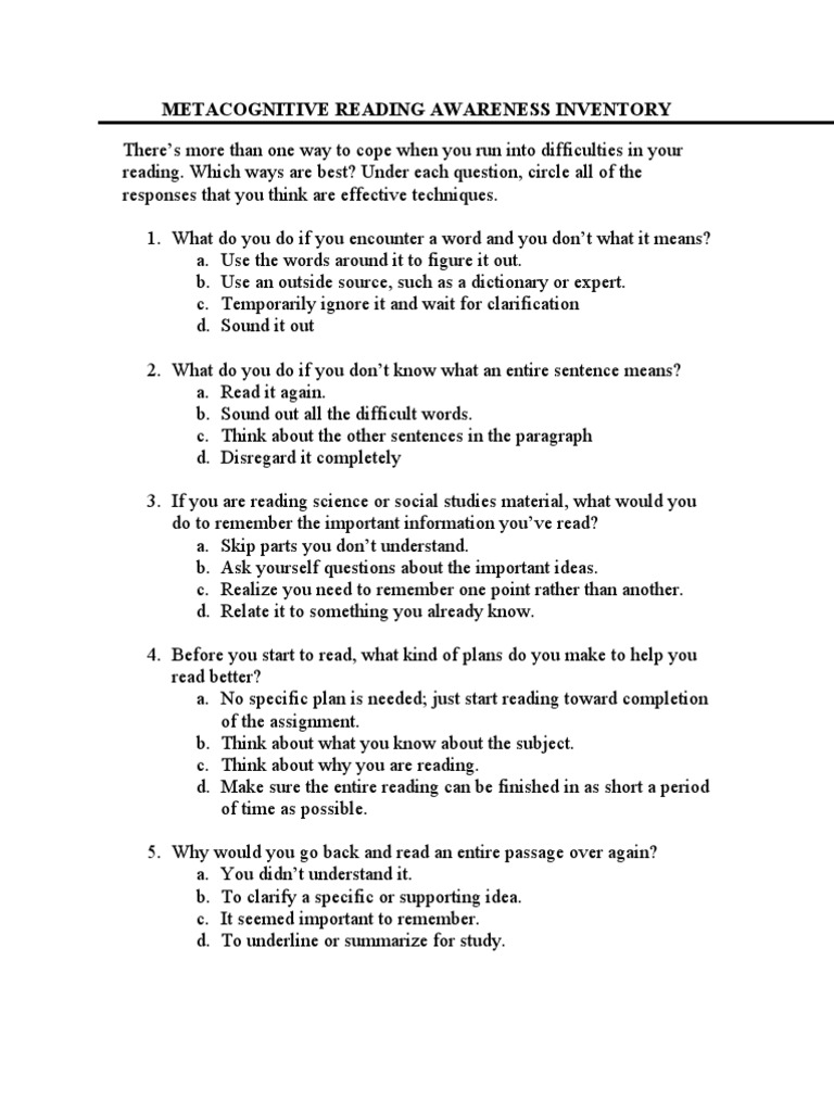 metacognitive reading awareness inventory | Metacognition | Behavior ...