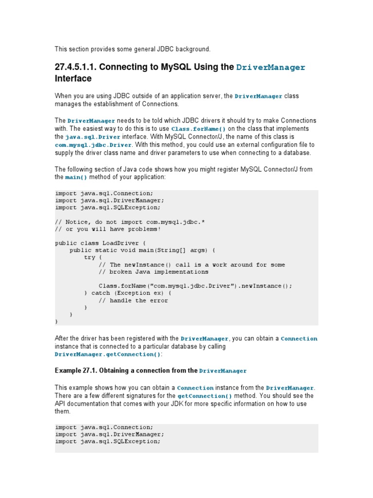 27 4 5 1 1 Connecting To Mysql Using The Interface Drivermanager Pdf Sql Parameter