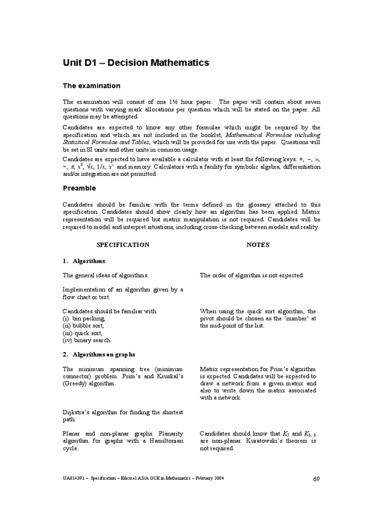 Unit D1 - Decision Mathematics: The Examination | PDF | Vertex (Graph ...