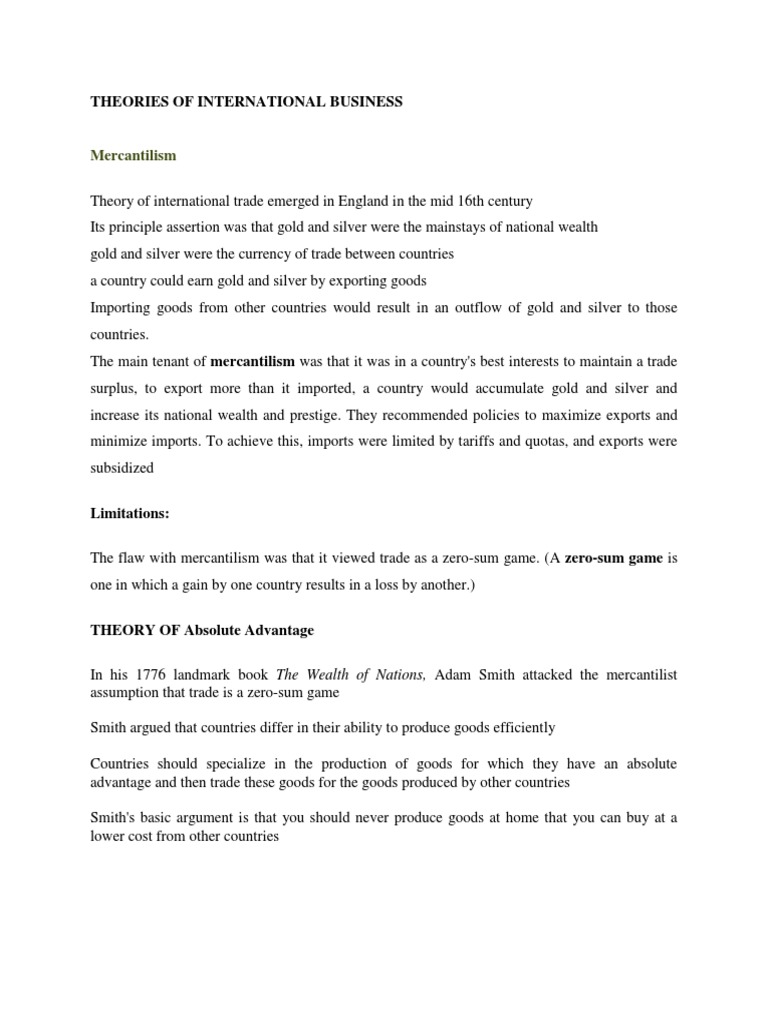 Theories of International Business | PDF | Mercantilism | Comparative ...