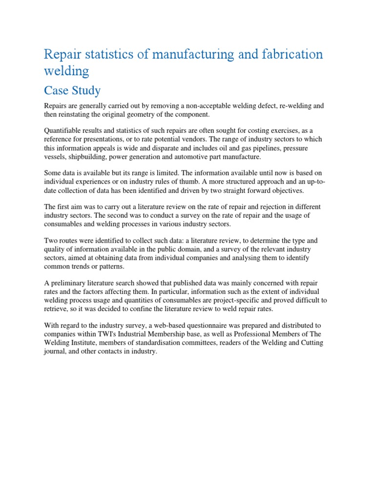Repair Statistics of Manufacturing and Fabrication Welding | PDF ...