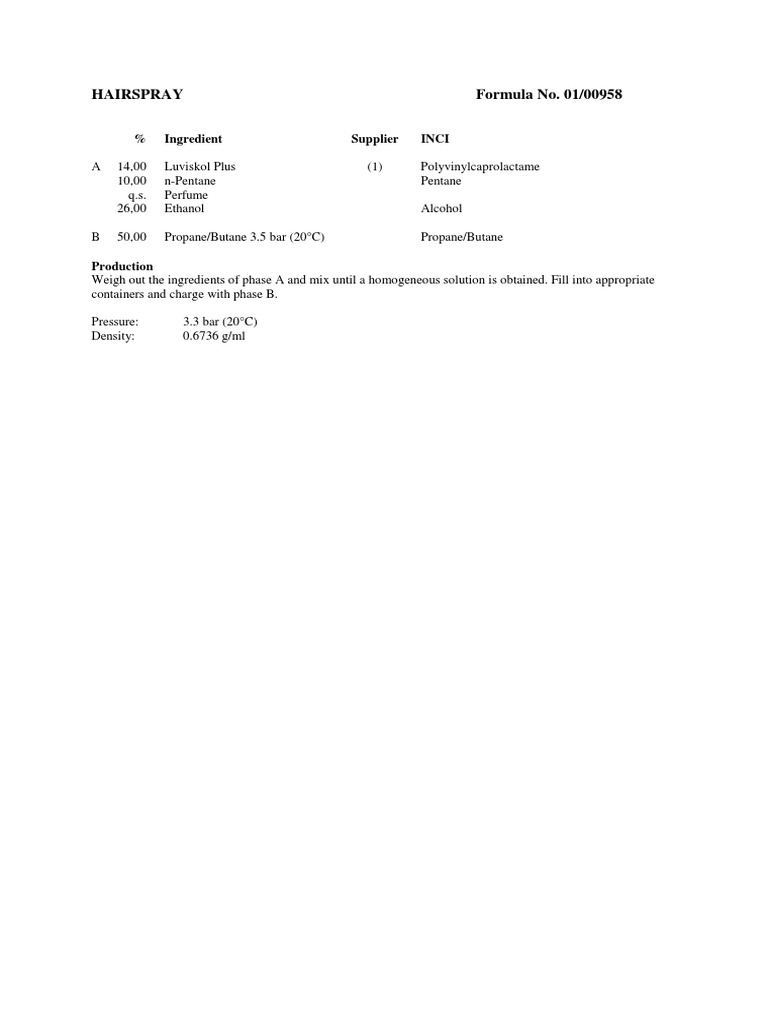 Hairspray Formula No. 01/00958: % Ingredient Supplier Inci | PDF