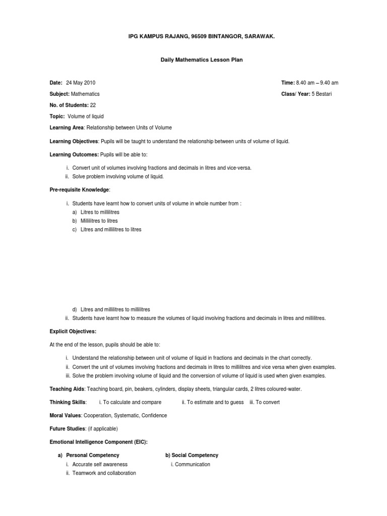 5th Grade Volume Conversion Lesson Plan | PDF | Volume | Litre