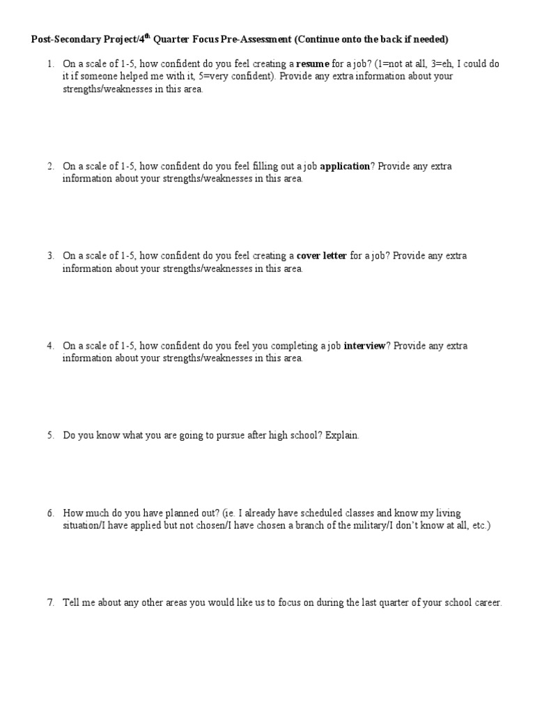 Post-Secondary Skills Pre-Assessment | PDF
