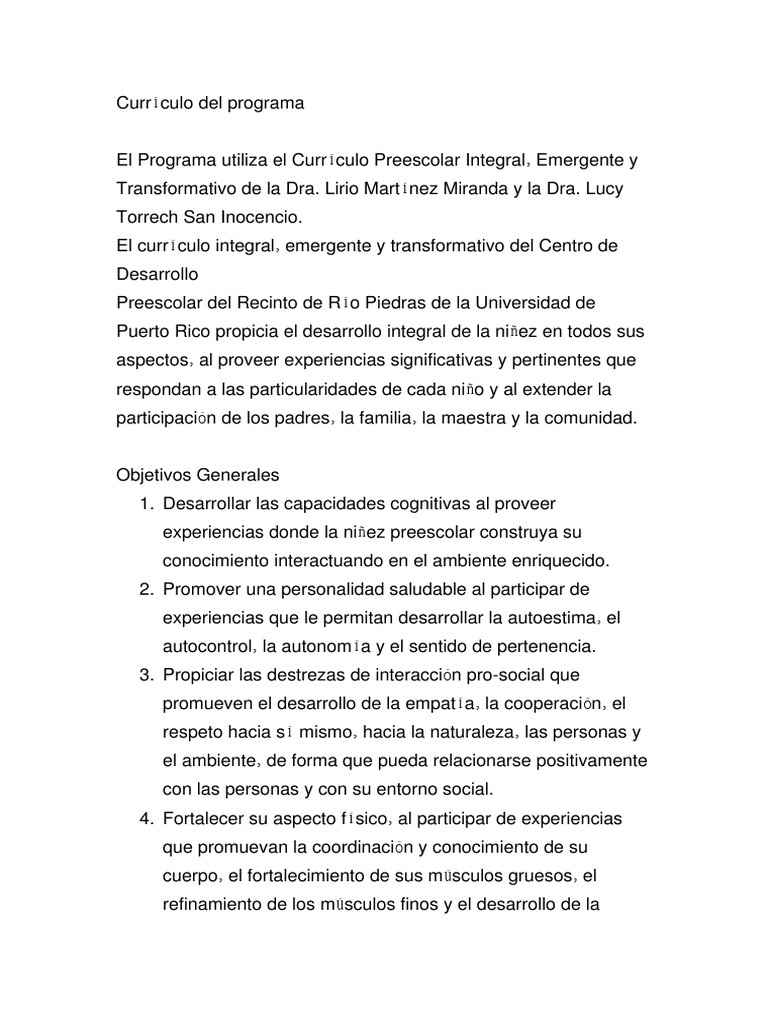 Curriculo Preescolar Integral, Emergente y Transformativo | PDF ...