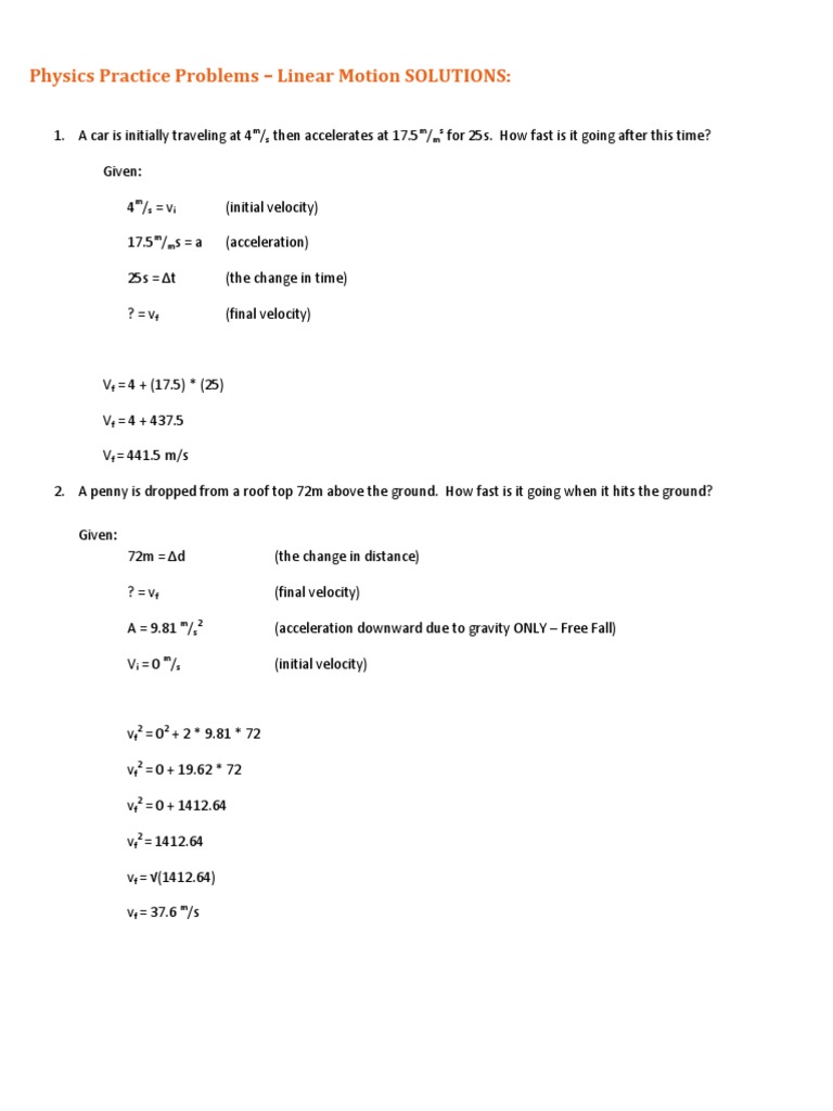 Linear Motion Physics Problems Solutions | PDF