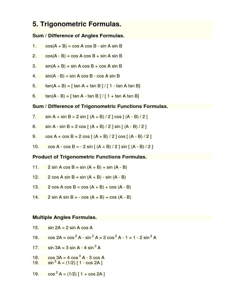 Trigonometric Formulas.: Sum / Difference of Angles Formulas | PDF ...