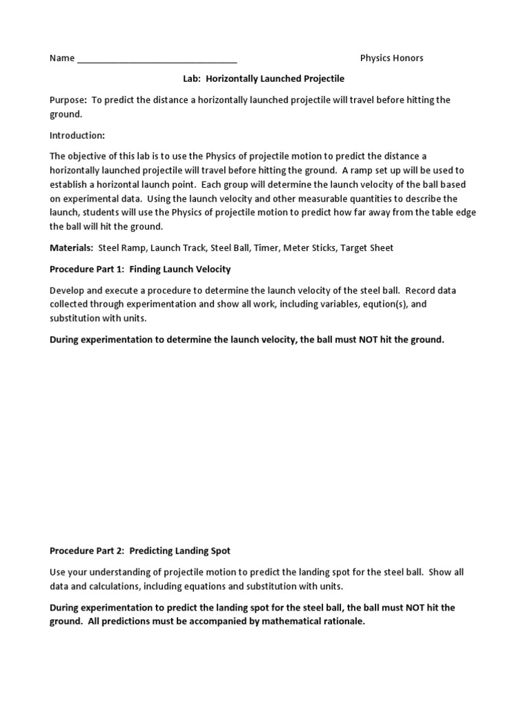 Horizontally Launched Projectile Lab | PDF | Experiment | Projectiles
