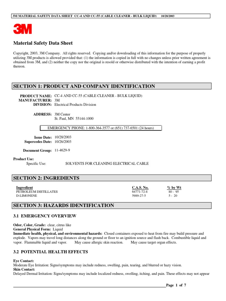 3M Material Safety Data Sheet Cc-4 and Cc-55 (Cable Cleaner - Bulk ...