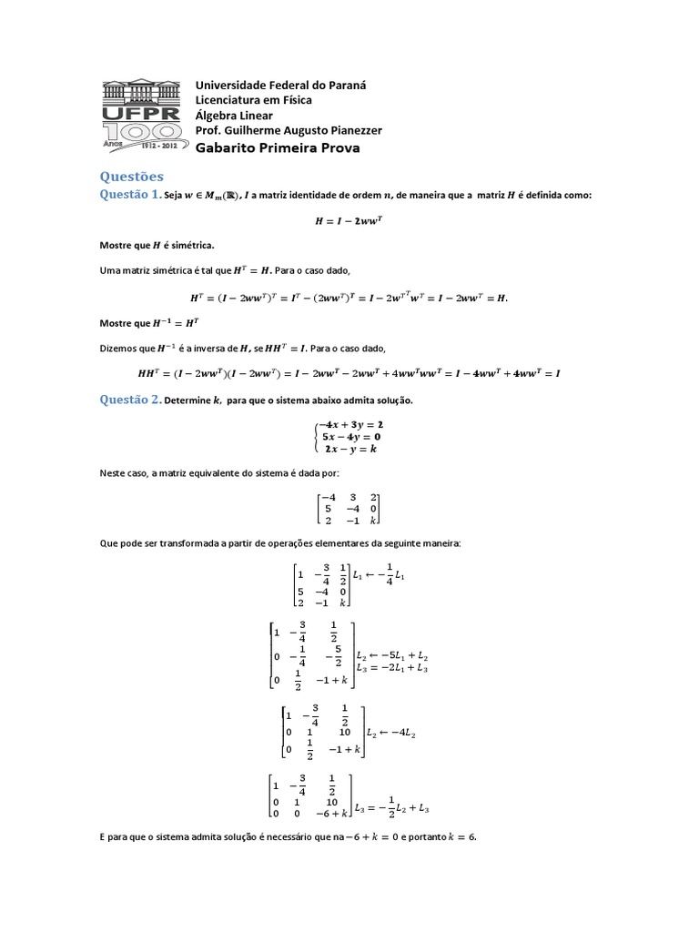 Gabarito Prova Álgebra Linear UFPR | PDF