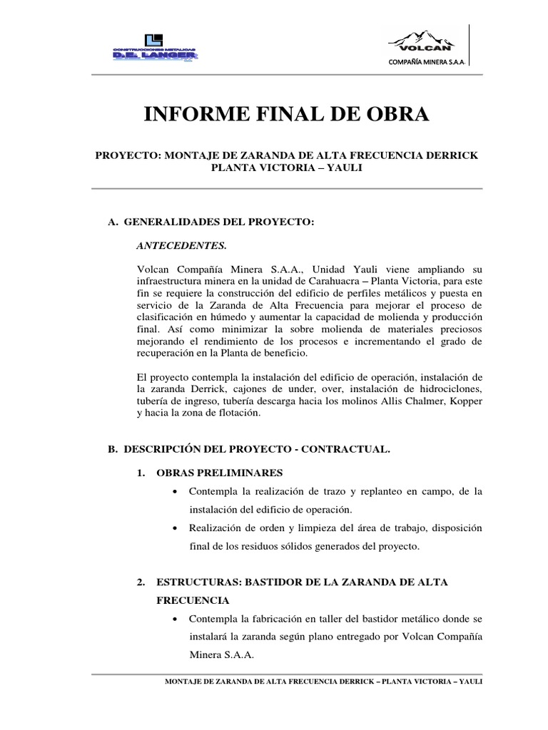 1.- Informe Final de Obra - ZPV | Pipe (Fluid Conveyance) | Engineering