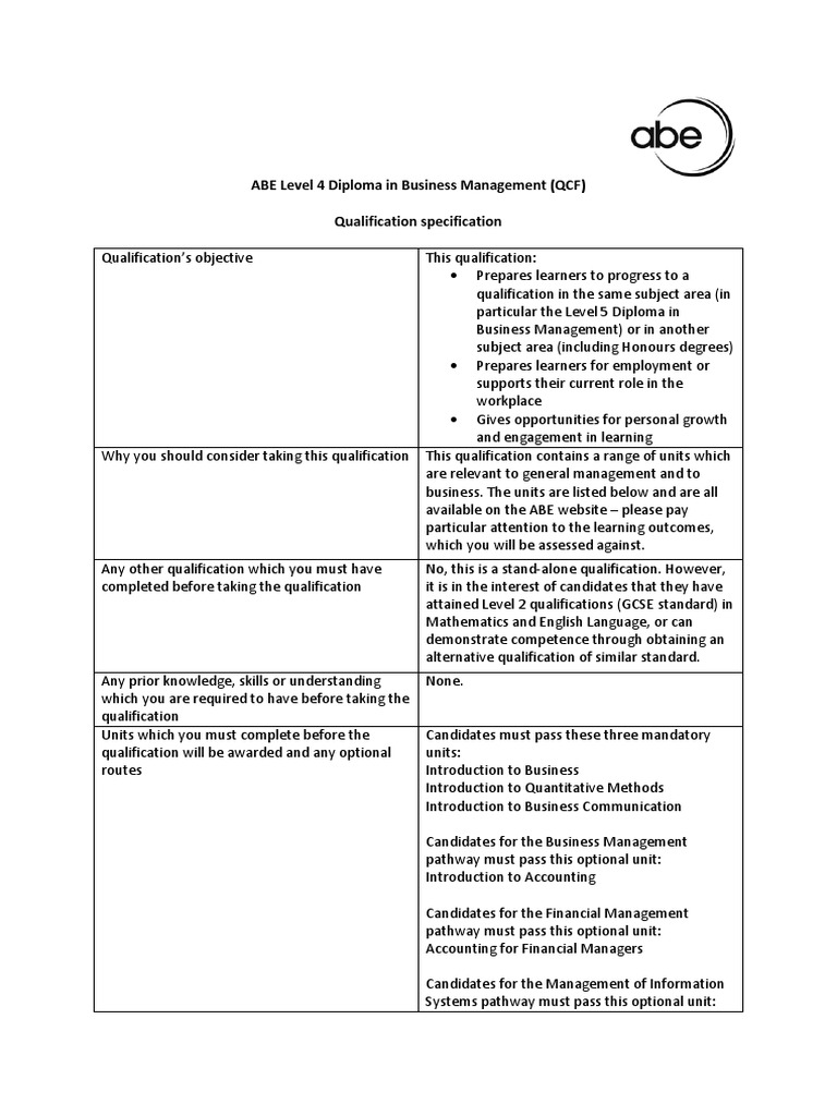 ABE Level 4 Diploma in Business Management | PDF | Educational ...