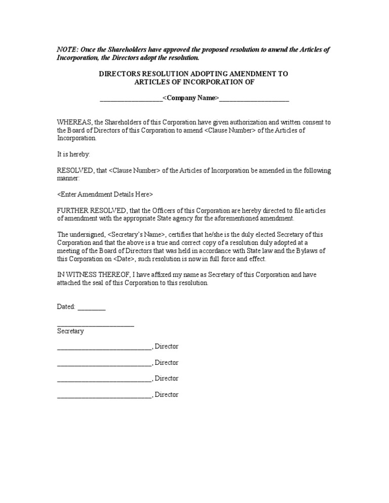 9-2 Directors Resolution Adopting Amendment | PDF | Resolution (Law ...