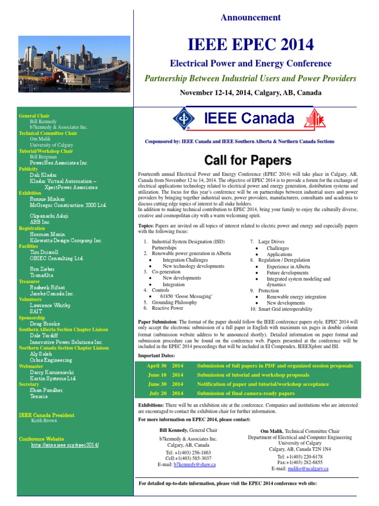 EPEC 2014 Call For Papers Final | PDF | Institute Of Electrical And ...