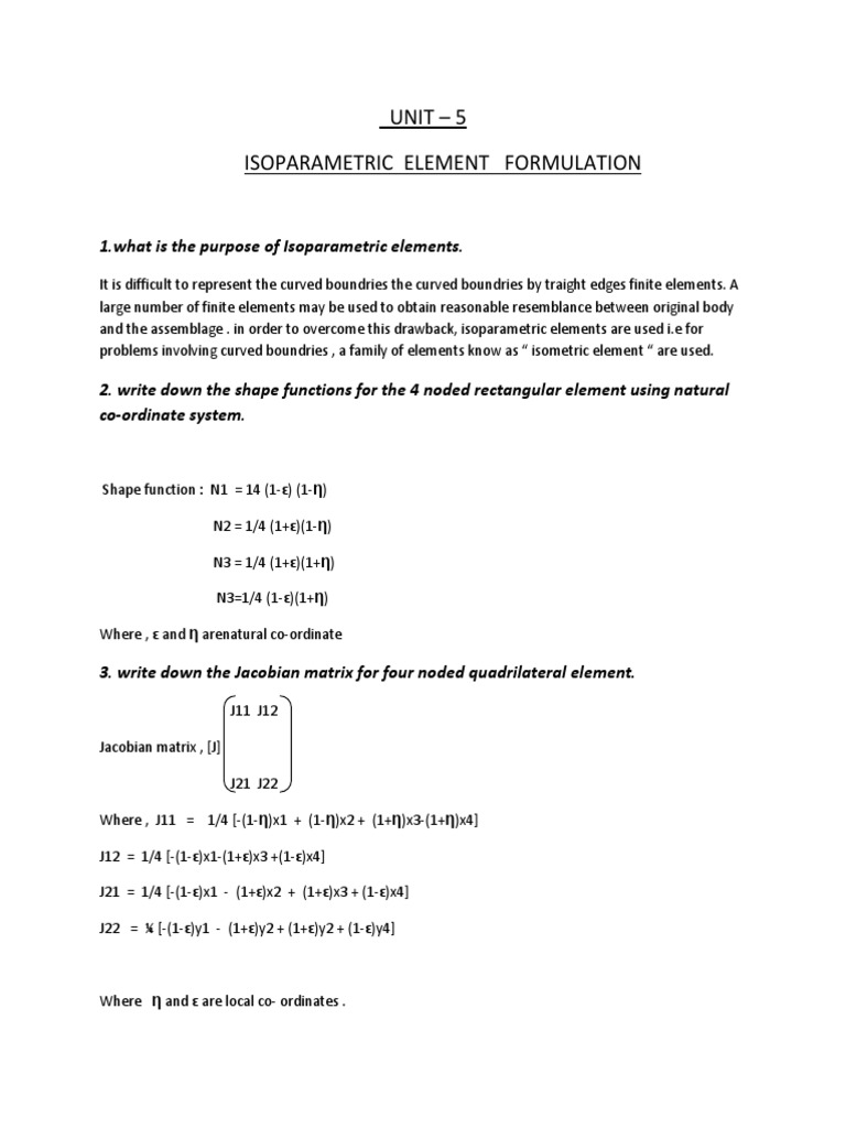 Unit - 5 Isoparametric Element Formulation: 1.what Is The Purpose of ...