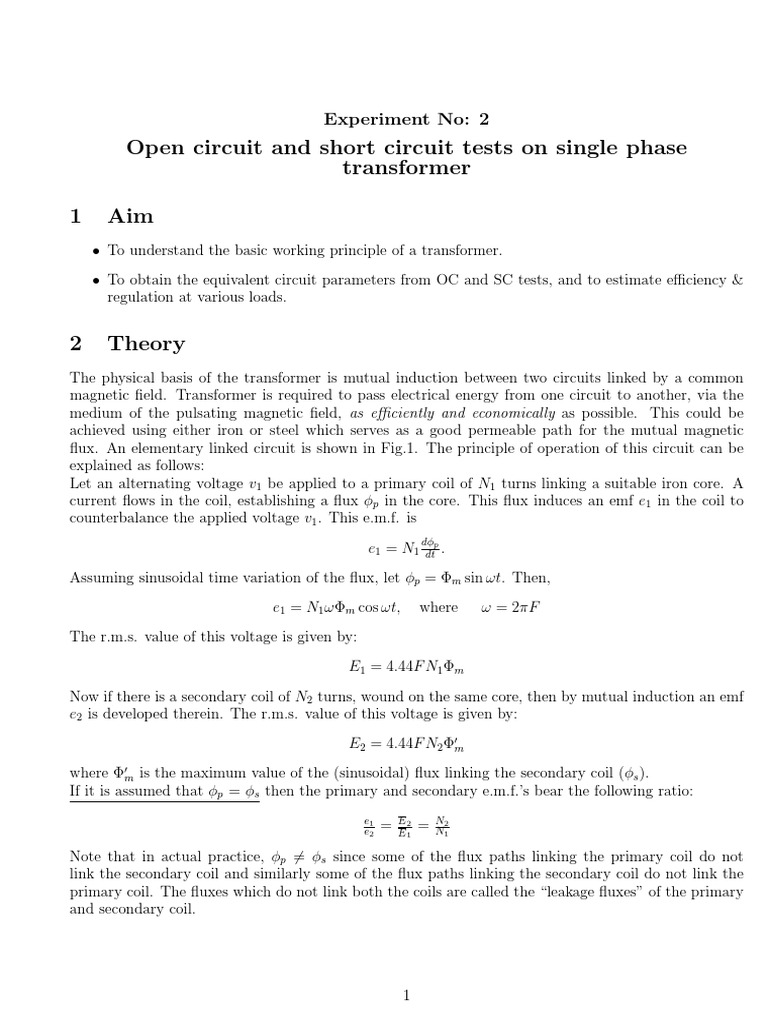 Open Circuit and Short Circuit Tests On Single Phase Transformer | PDF